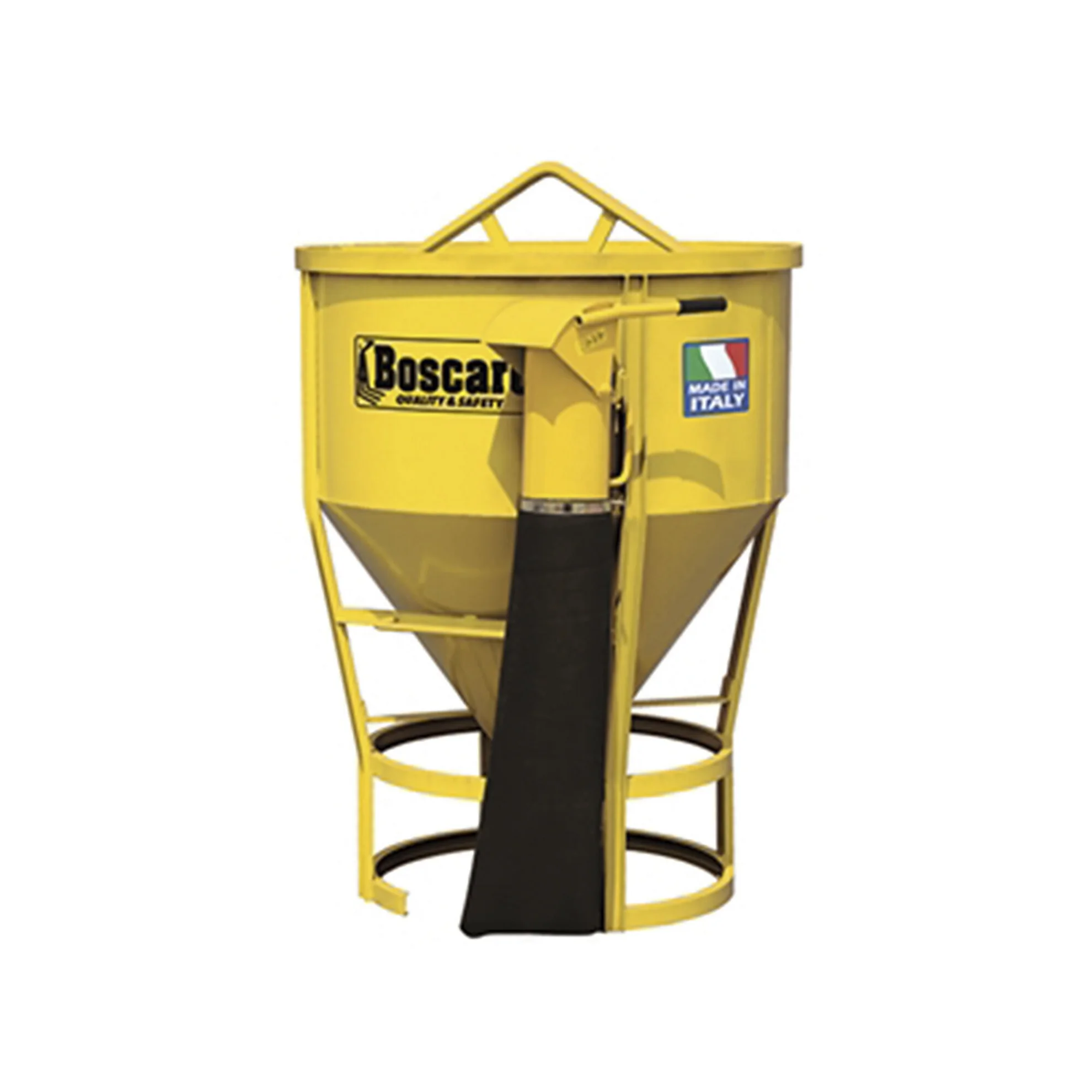 Conical concrete bucket with rubber hose and valve at the end of the ...